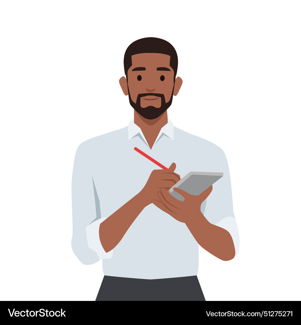 Smiling man in business suite takes notes Vector Image