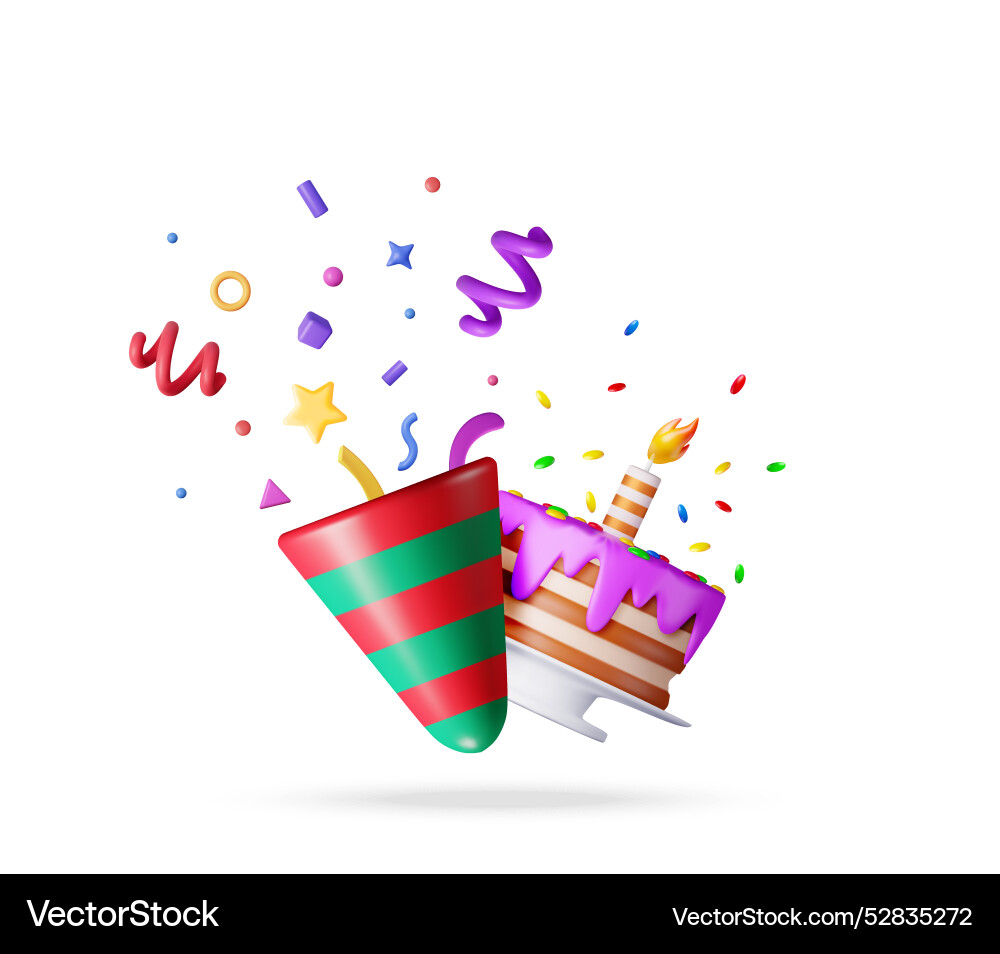 3d cake with candle and popper confetti Royalty Free Vector