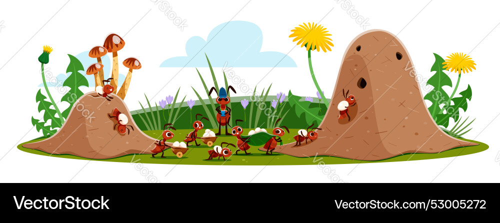 Cartoon ant colony character carry eggs to anthill