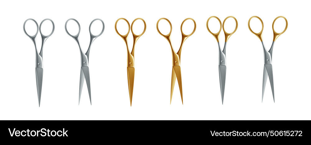 Golden scissors set shiny metallic shears Vector Image