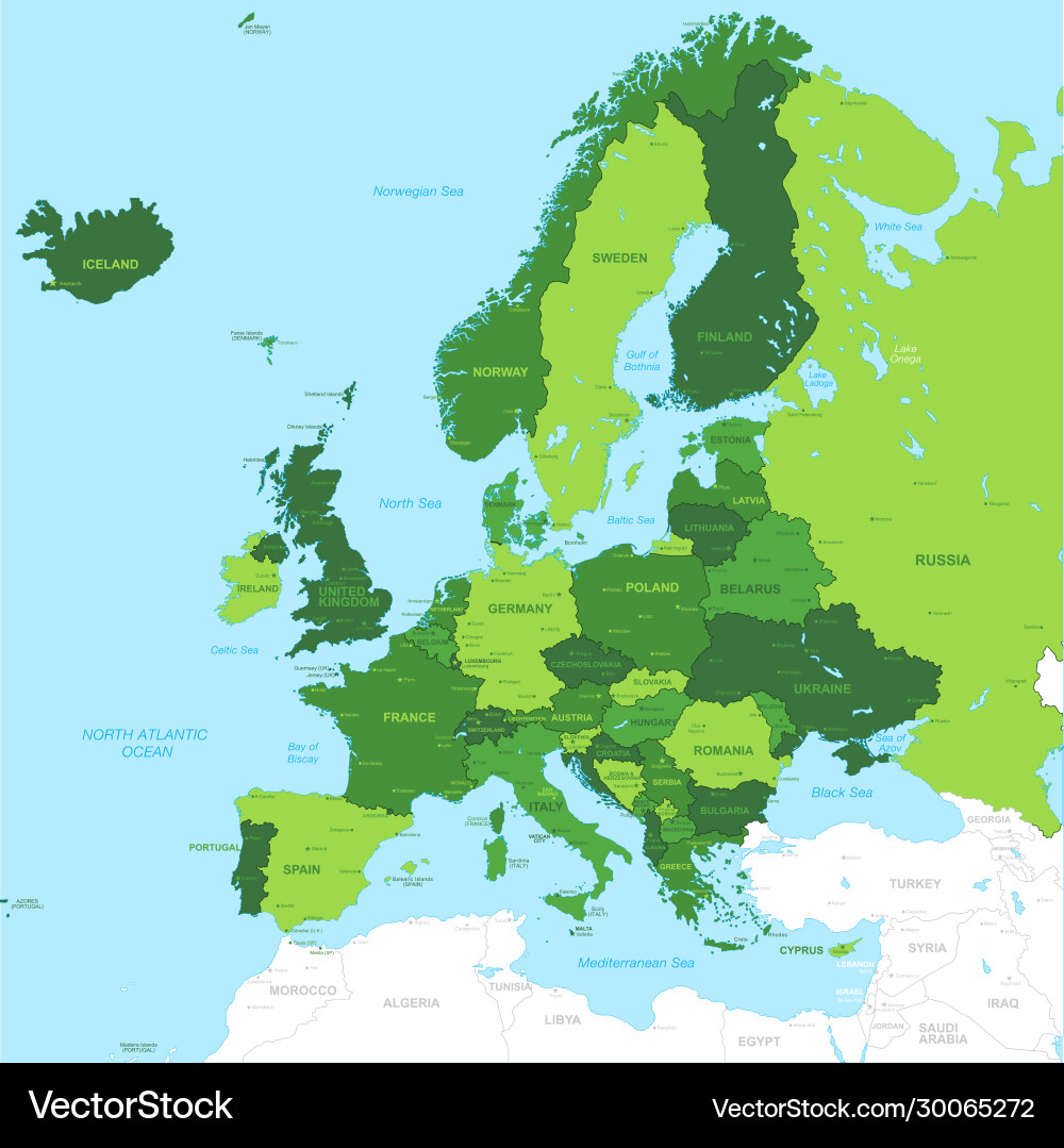 High detail green europe map Royalty Free Vector Image