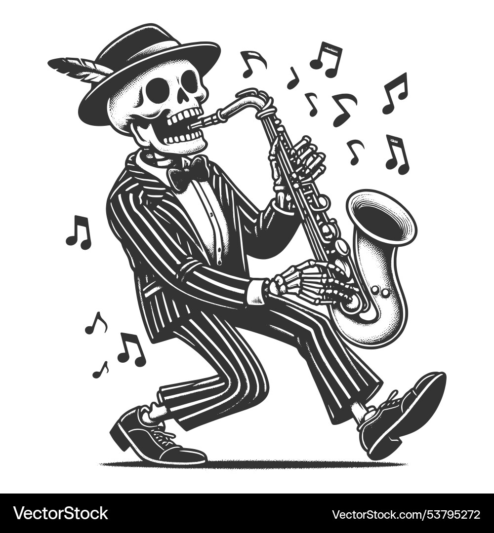 Skeleton playing jazz saxophone engraving Vector Image