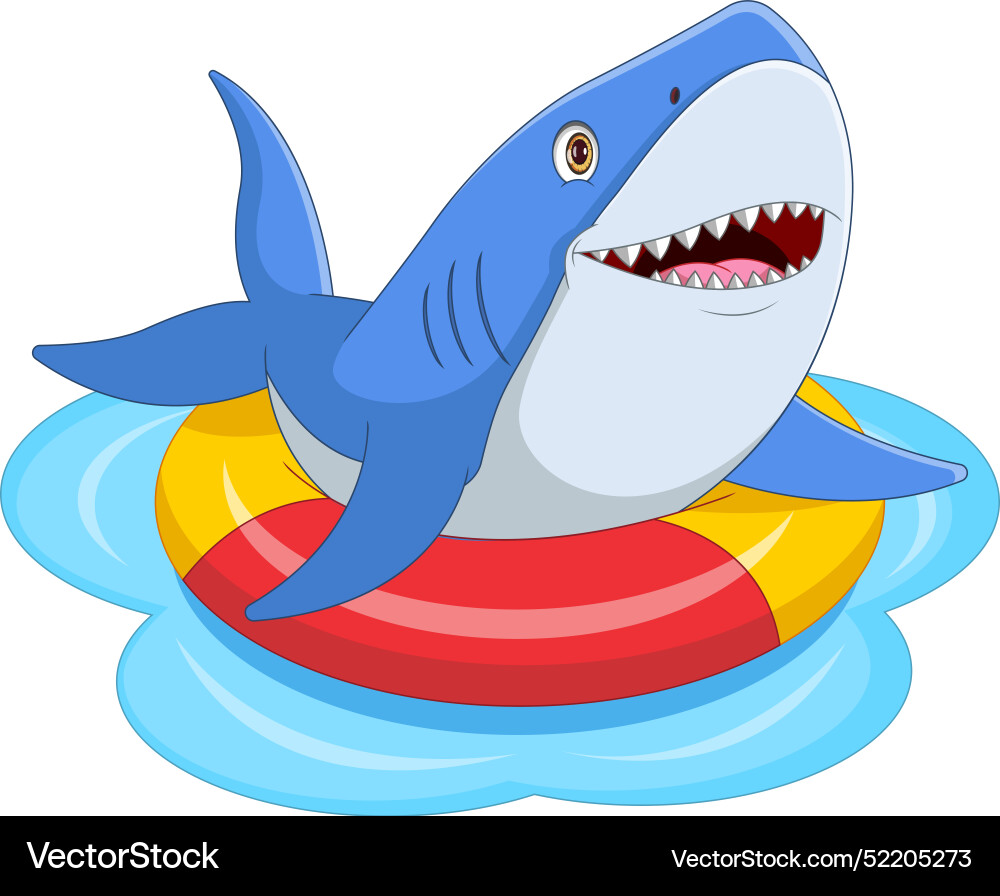 Cute shark playing with an inflatable ring cartoon