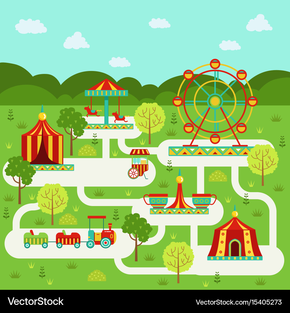 Map of amusement park with attractions Royalty Free Vector