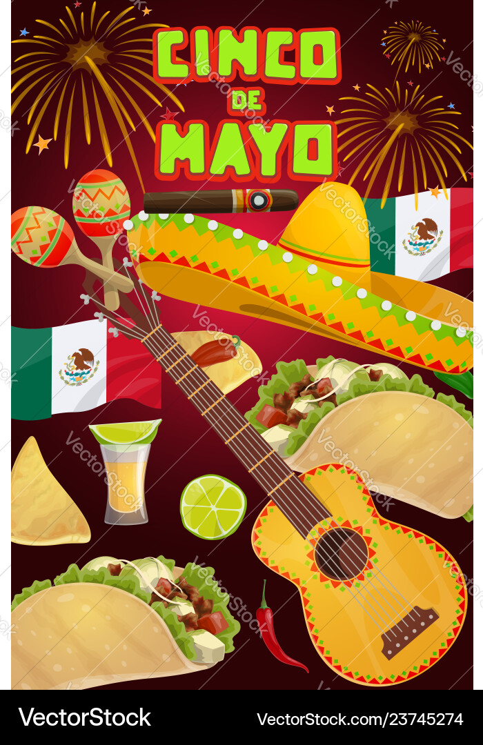 Mexican sombrero guitar maracas cinco de mayo Vector Image