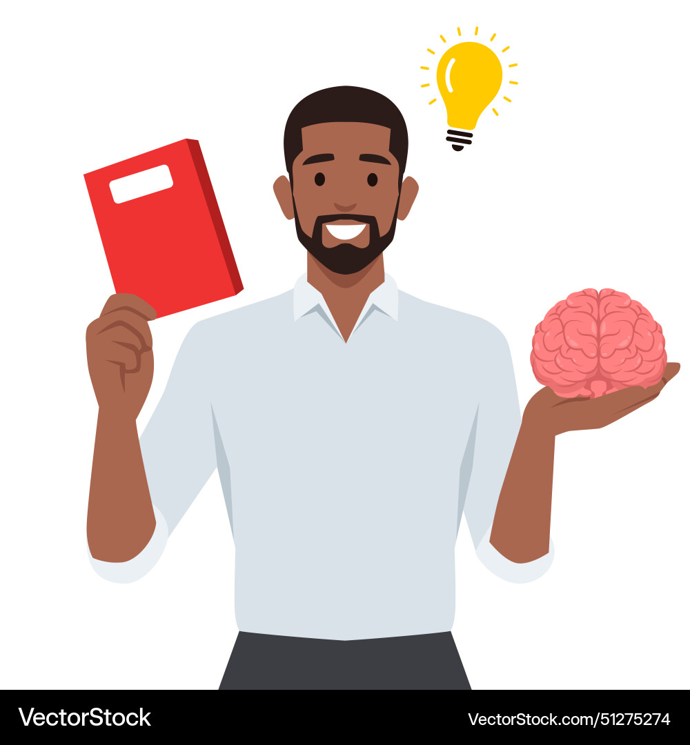 Young man holding brain while studying for school Vector Image
