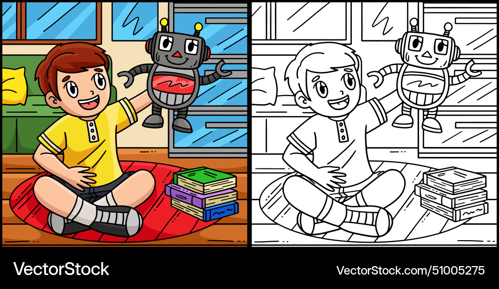 Boy playing robot toy coloring page Royalty Free Vector
