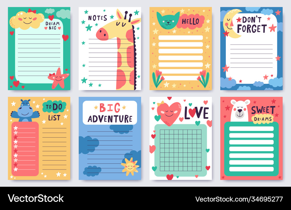 Childish planners cute nursery notebook sheets Vector Image