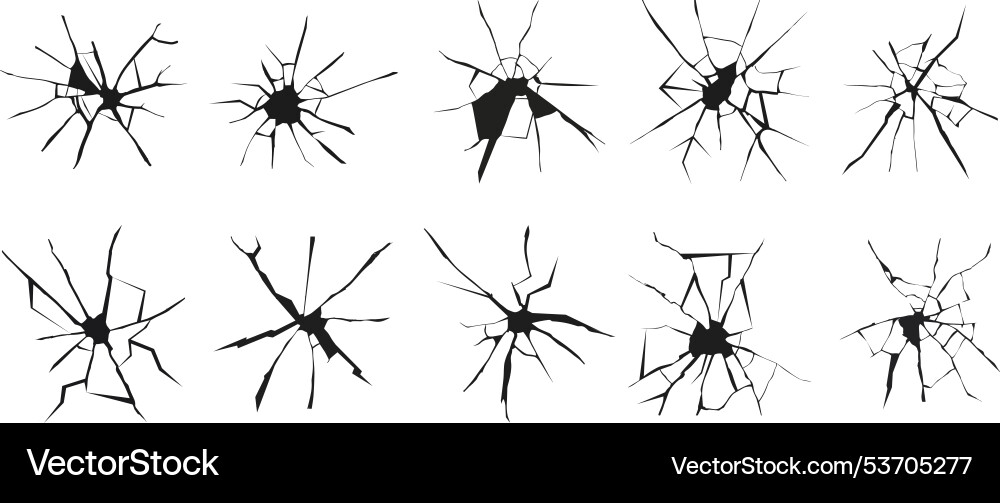 Cracked shattered glass ice black lines set Vector Image