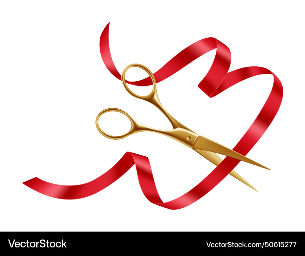 Elegant golden scissors red ribbon cutting Vector Image
