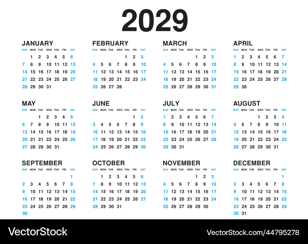 Calendar 2029 template simple minimal design Vector Image