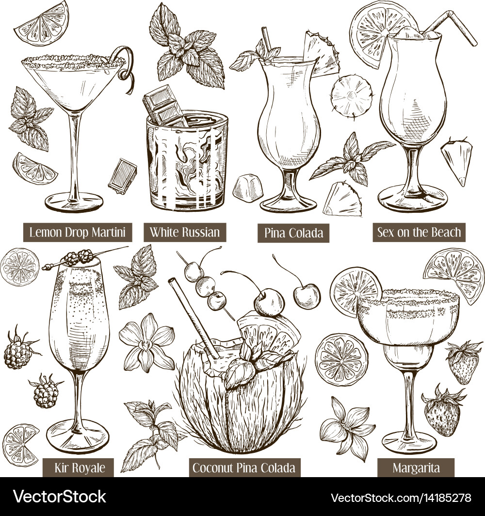 Sketch set of cocktails Royalty Free Vector Image