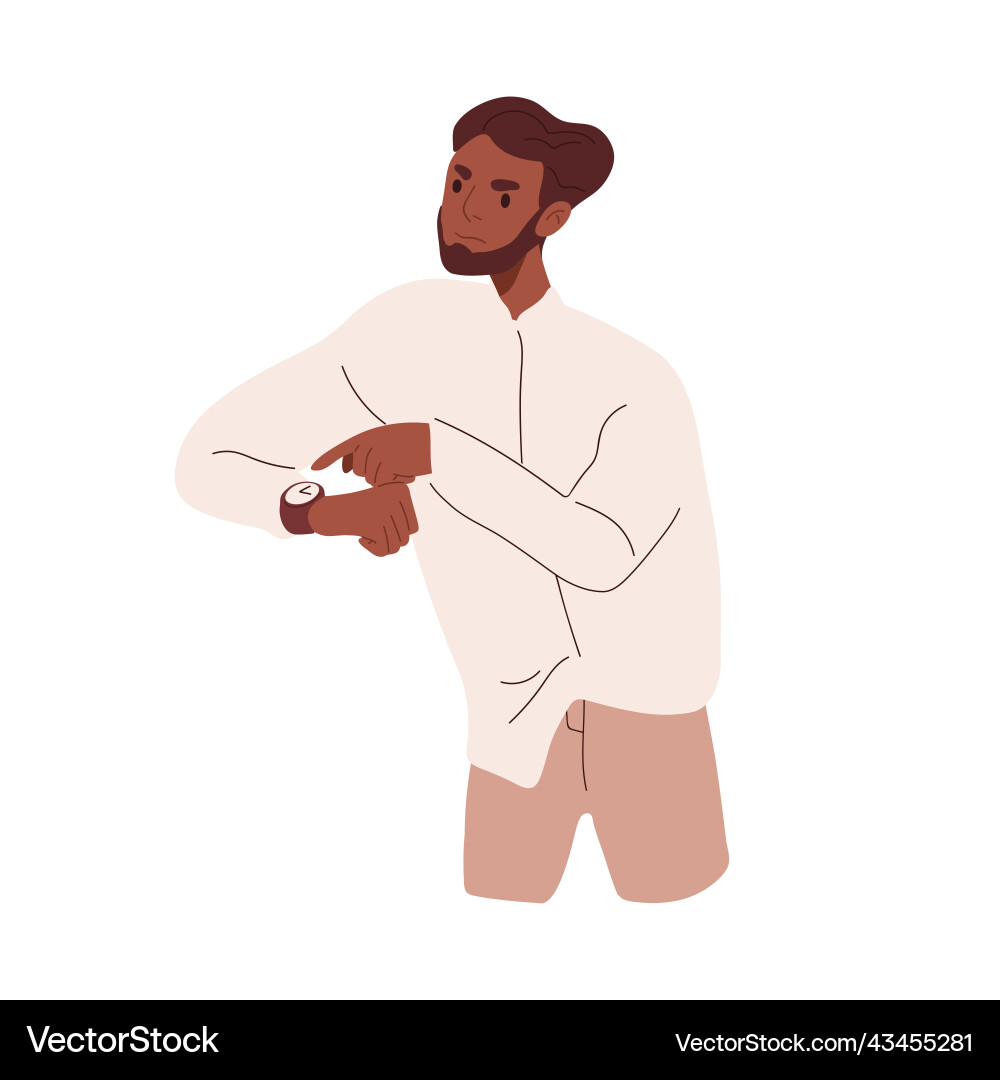 Angry man pointing at time on hand watch Vector Image