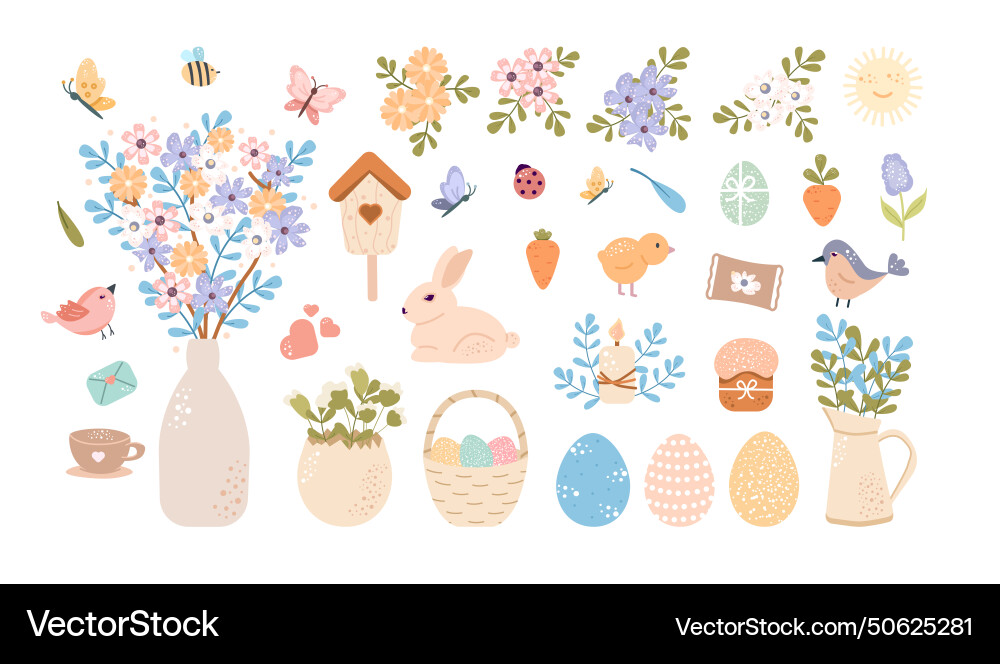 Cute set happy easter design elements in pastel Vector Image
