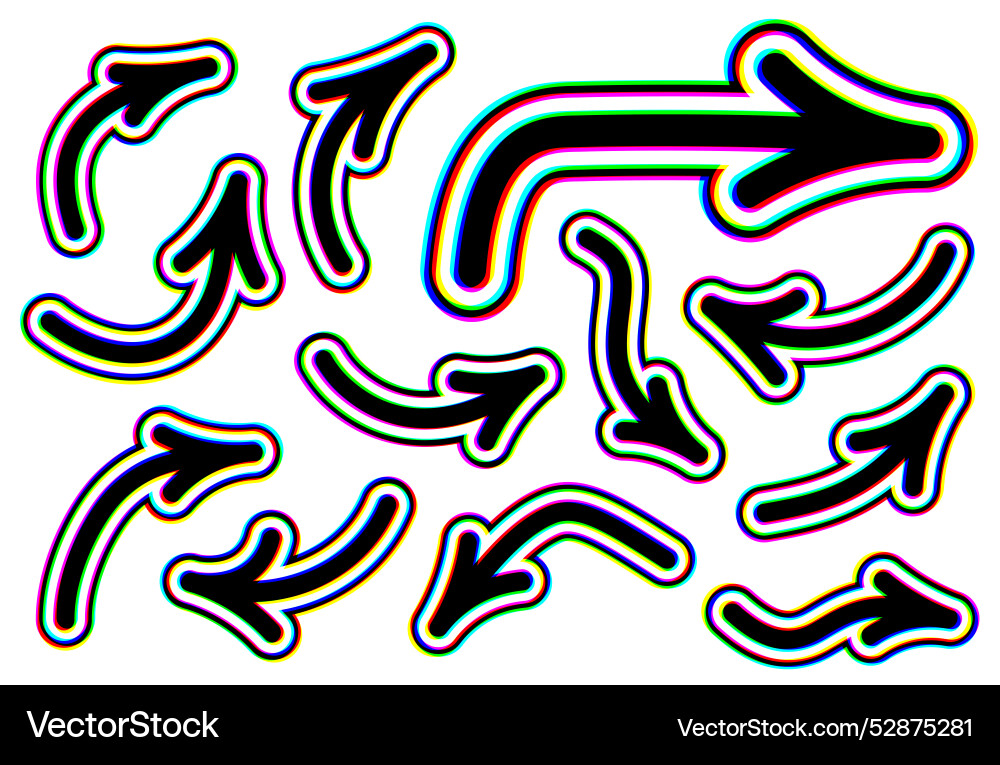 Glitch effect curved arrows collection Royalty Free Vector