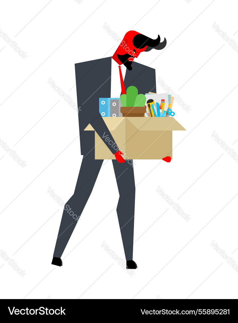 Sad devil with dismissal box satans Royalty Free Vector