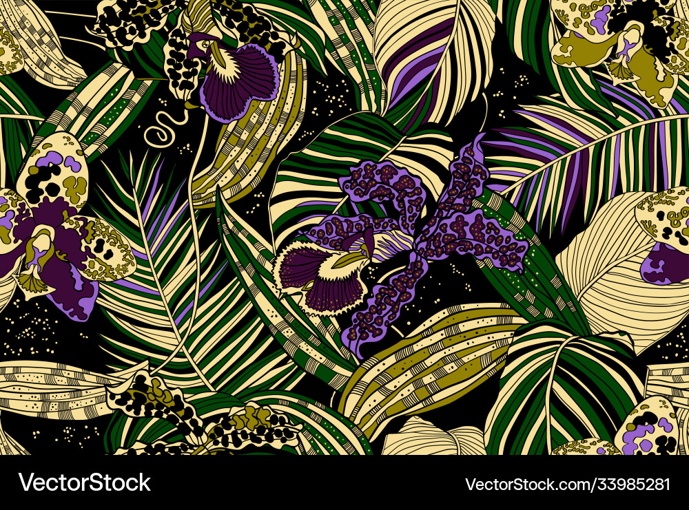 Wild exotic orchids and tropical leaves Royalty Free Vector