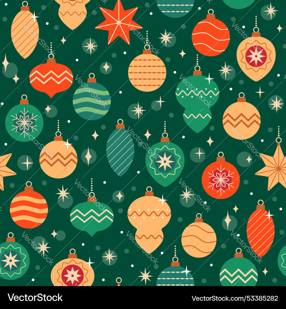 Green seamless pattern of christmas tree ornaments