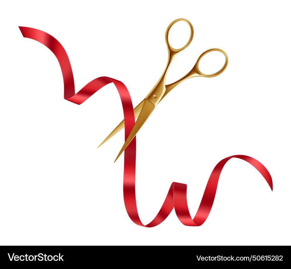 Shiny gold scissors red ribbon festive opening Vector Image