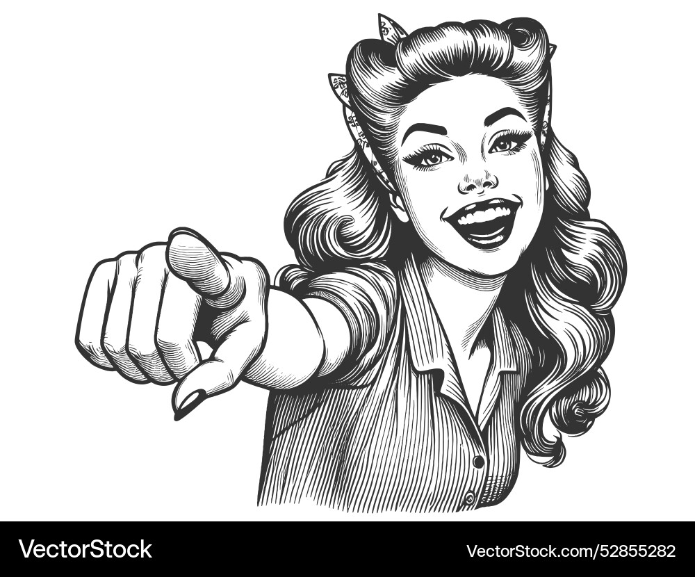 Smiling retro woman pointing forward Royalty Free Vector