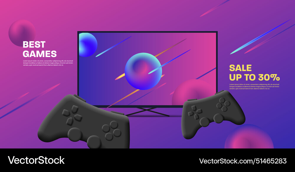 Game console with gamepads and large screen Vector Image