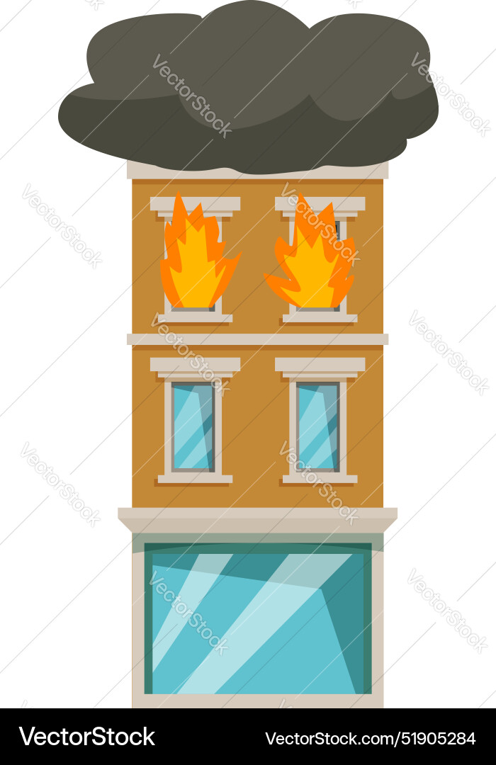 Burning building with firefighters extinguishing Vector Image