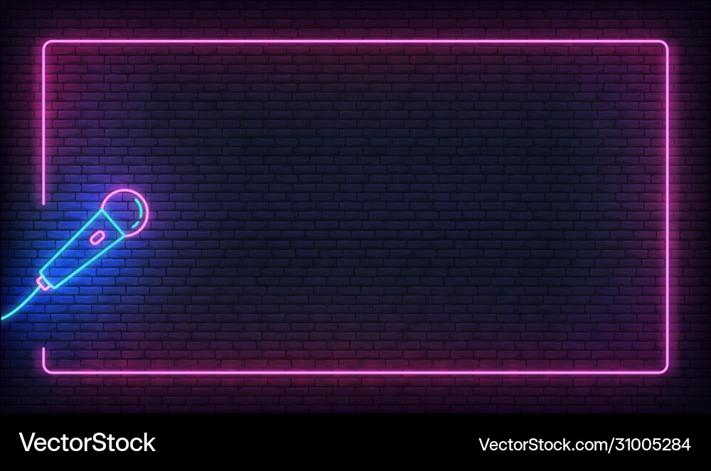 Neon microphone and glowing border frame template Vector Image