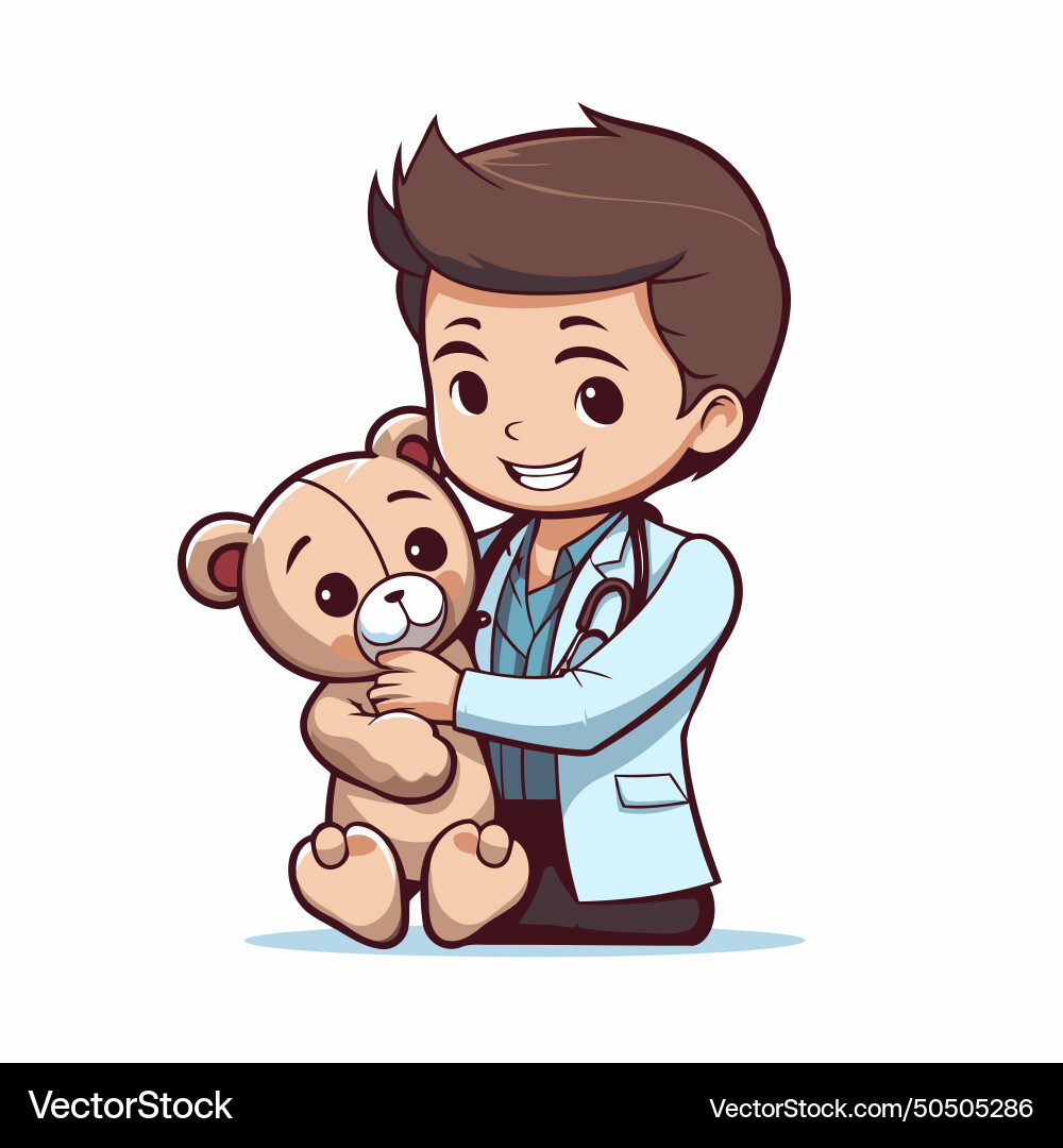 A cute boy playing doctor with teddy bear Vector Image