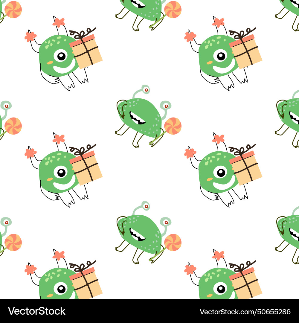 Cute monsters with present box and lollipop Vector Image