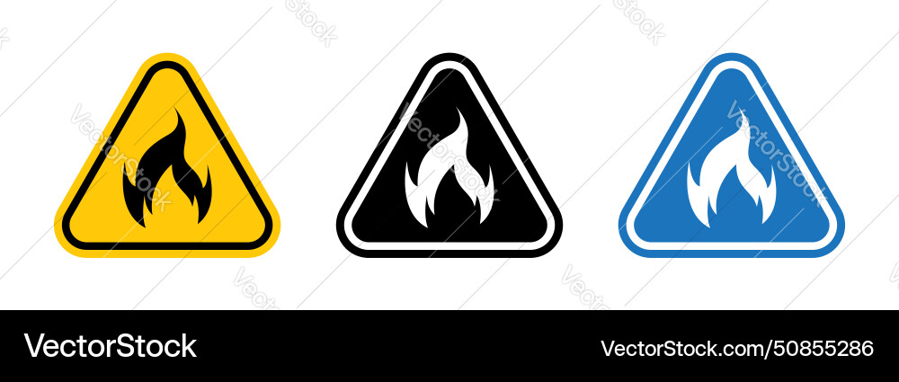 Fire warning sign icon set yellow triangle alert Vector Image