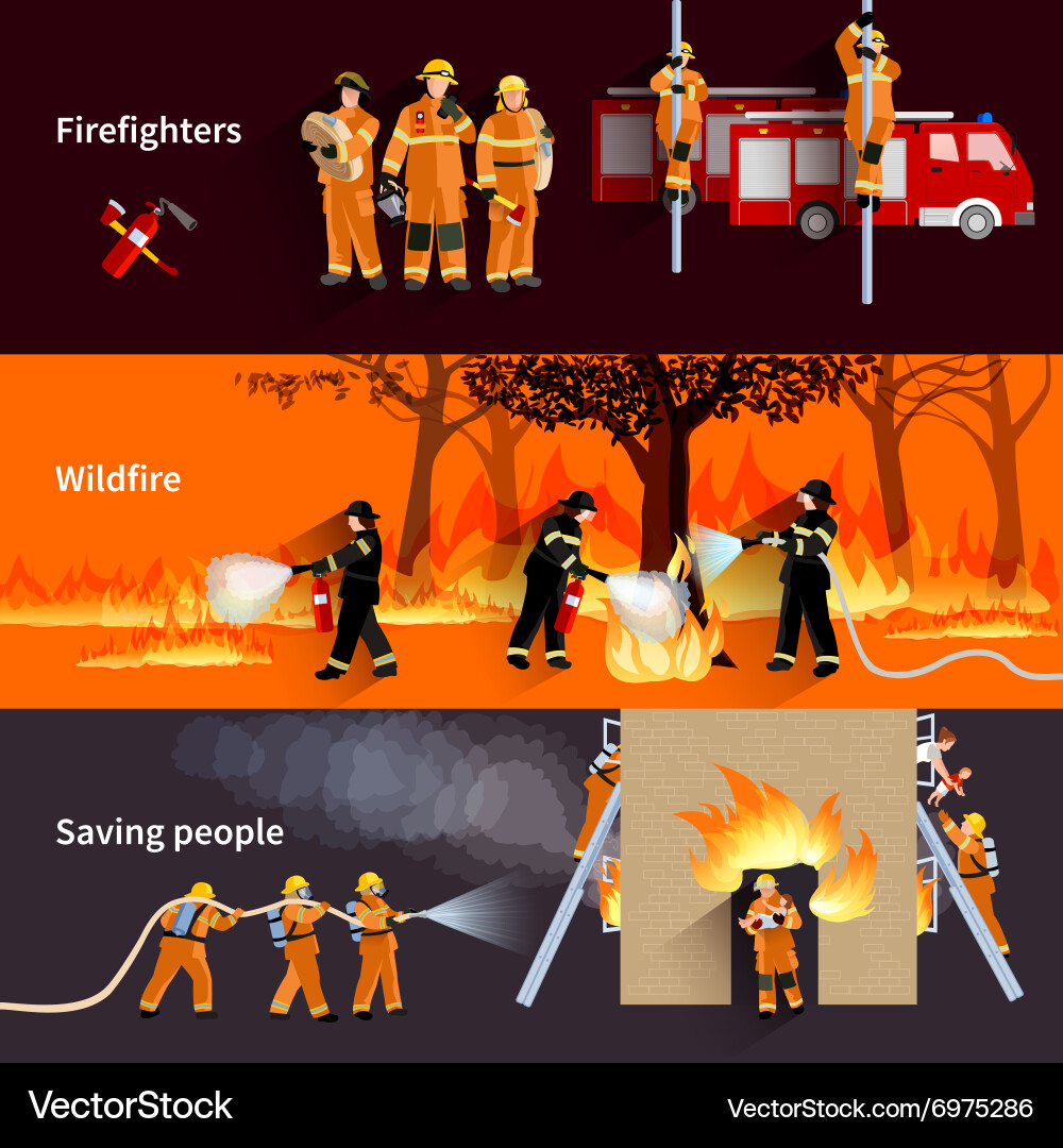 Horizontal firefighter people banners set Vector Image