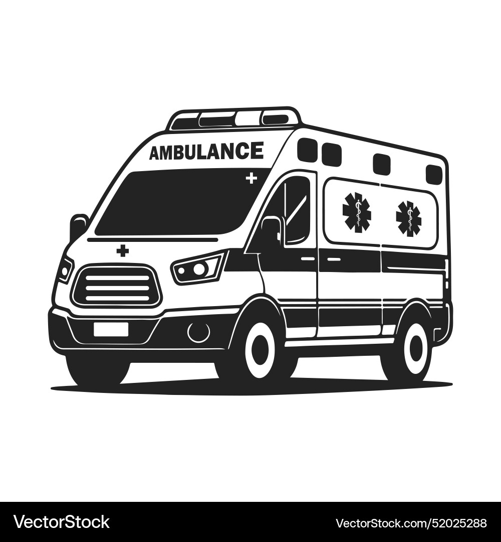 Flat ambulance silhouette in clean black and white