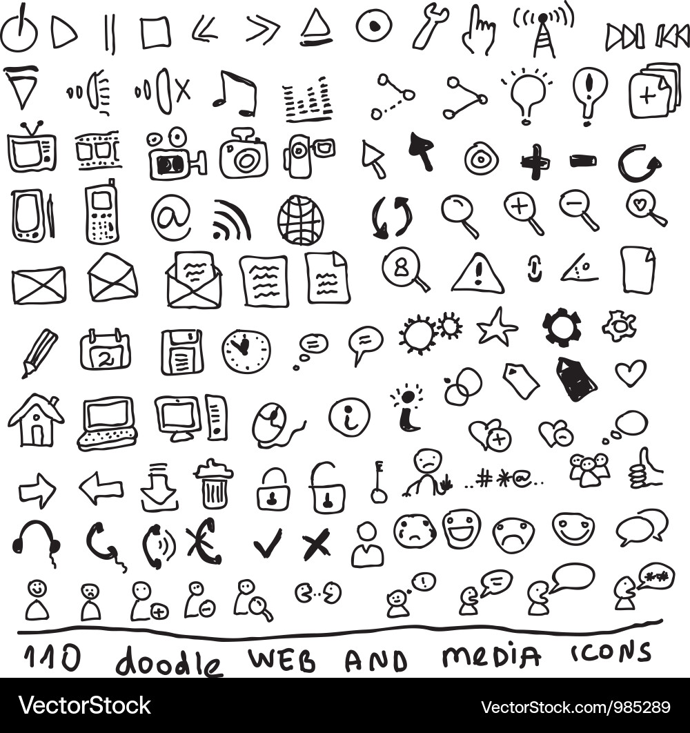 110 doodle media icons Lizenzfreies Vektorbild