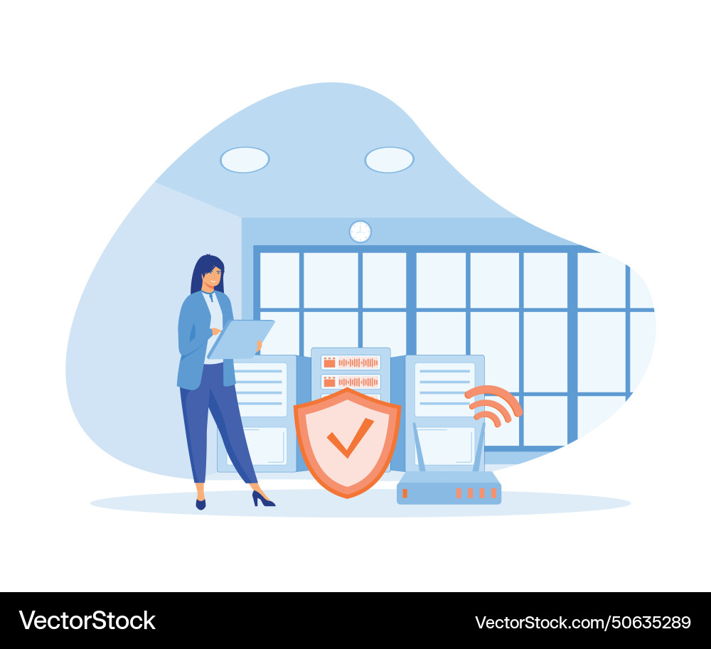 A woman performs cloud shared documents security Vector Image