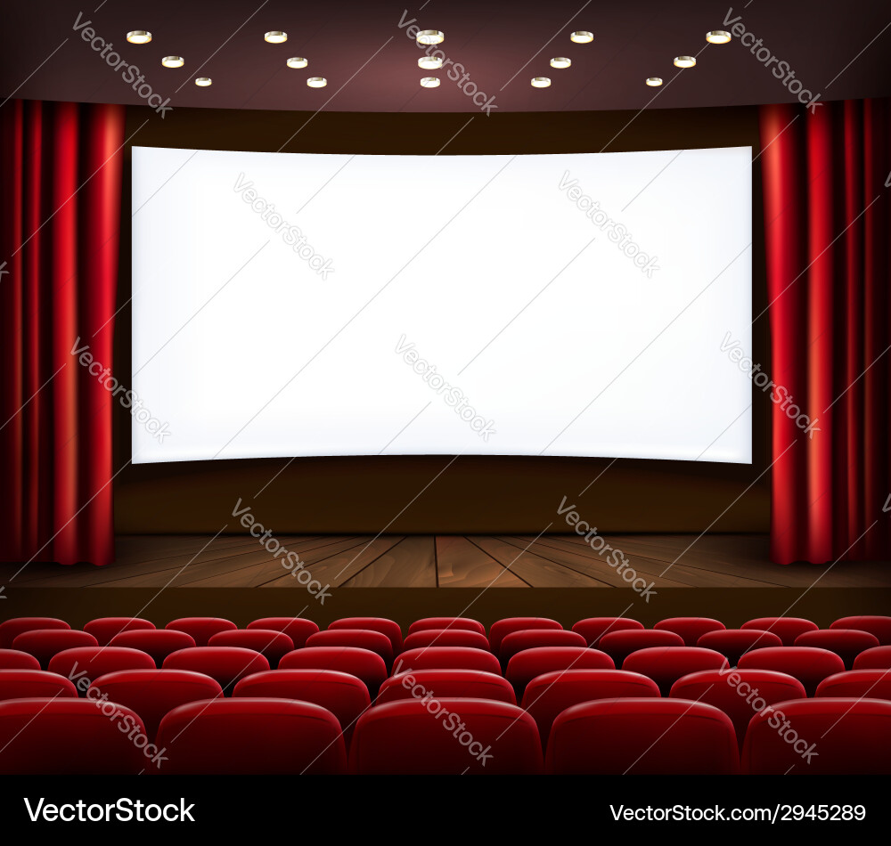 Cinema with white screen curtain and seats Vector Image