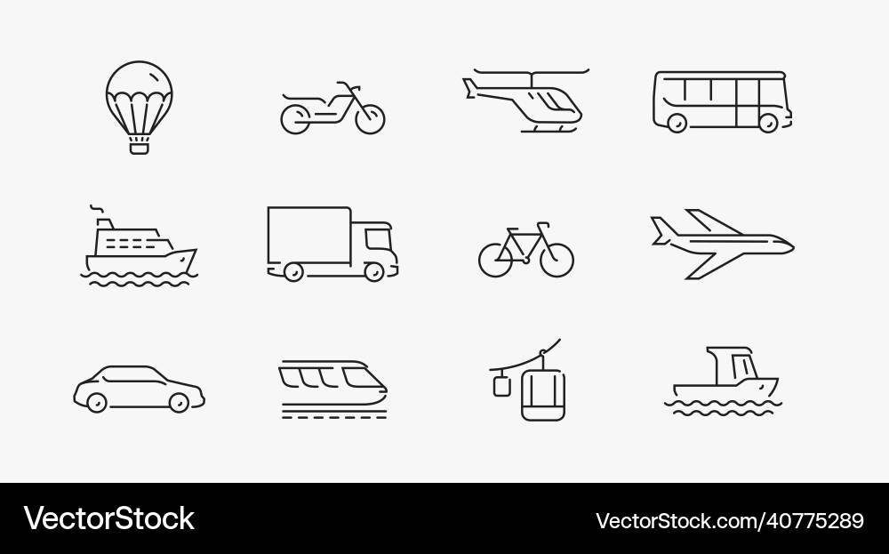 Transport icons set in linear style Royalty Free Vector