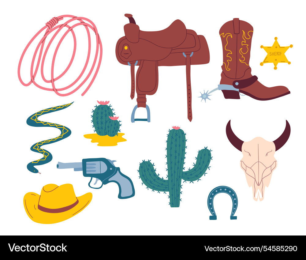 Cartoon color cowboy western theme icons set Vector Image