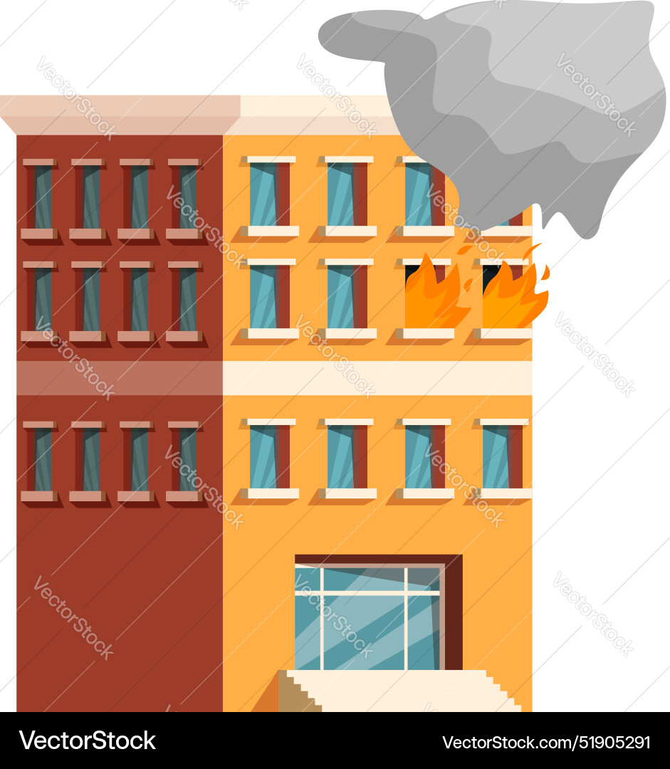 Burning building with firefighters extinguishing Vector Image