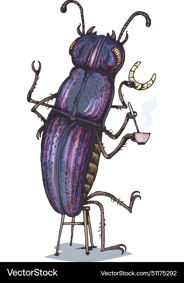 Funny beetle drinking tea Royalty Free Vector Image