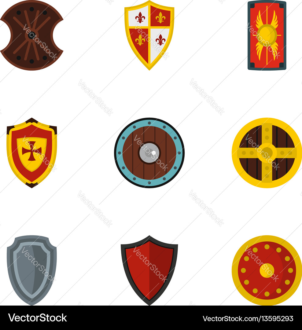 Various knight shield icons set flat style Vector Image