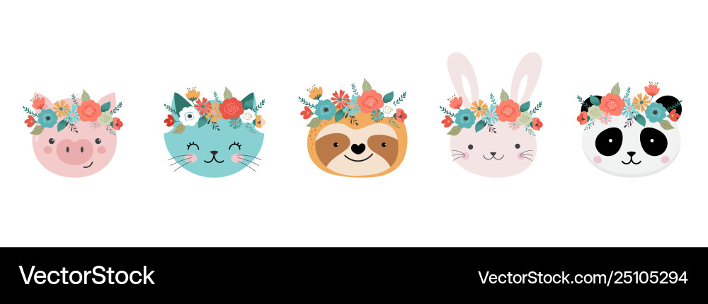 Cute animals heads with flower crown Royalty Free Vector