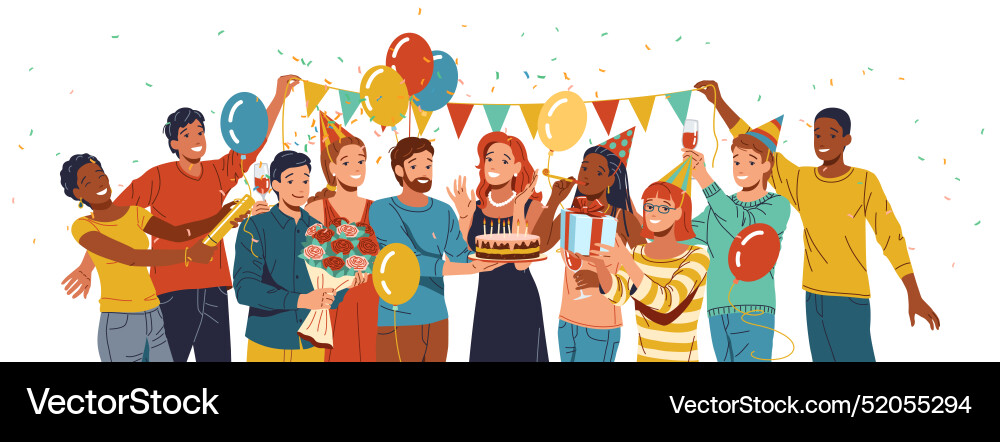 Diverse group birthday party in color flat Vector Image