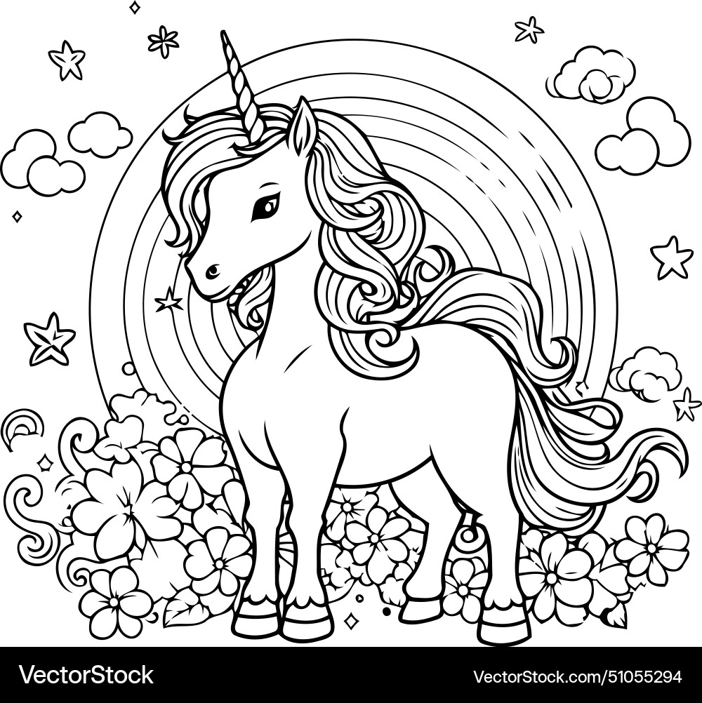 Unicorn with rainbow and flowers hand drawn Vector Image