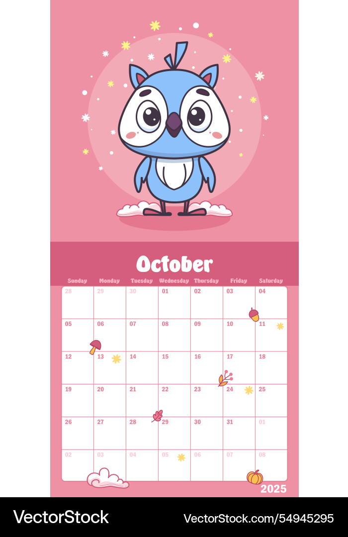 October calendar page with an owlet mascot Vector Image