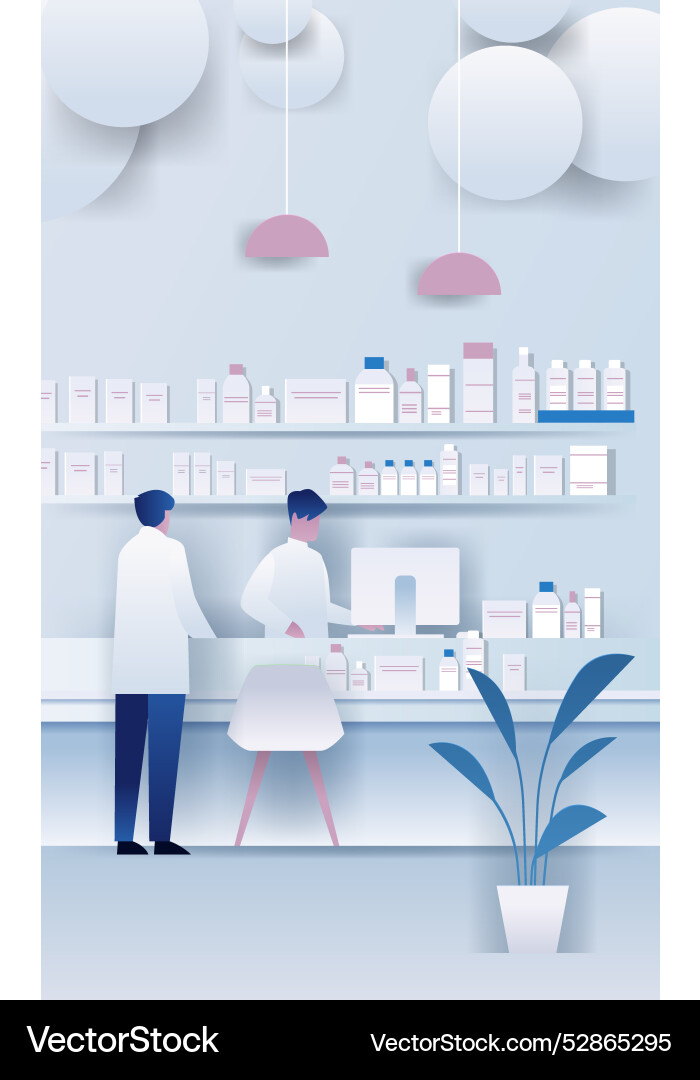 Pharmacy interior with pharmacists working Vector Image