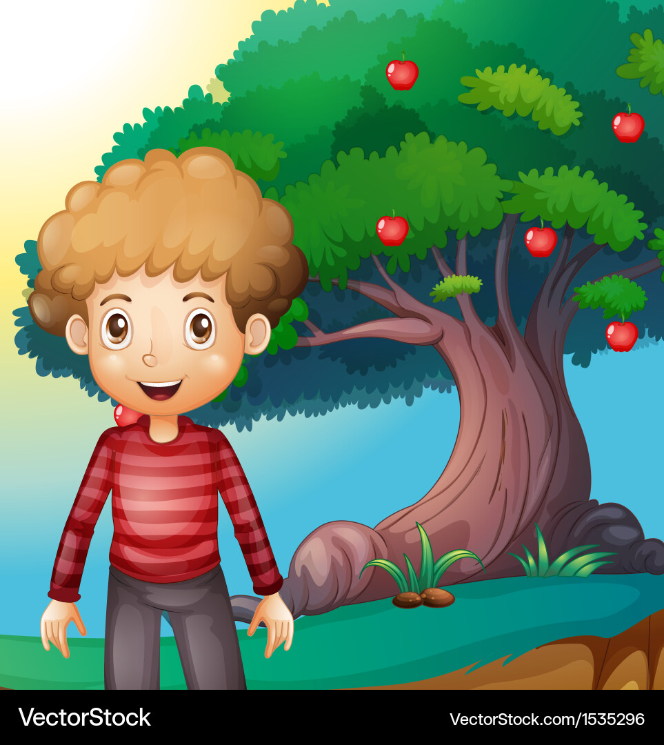 A boy standing in front of the apple tree Vector Image