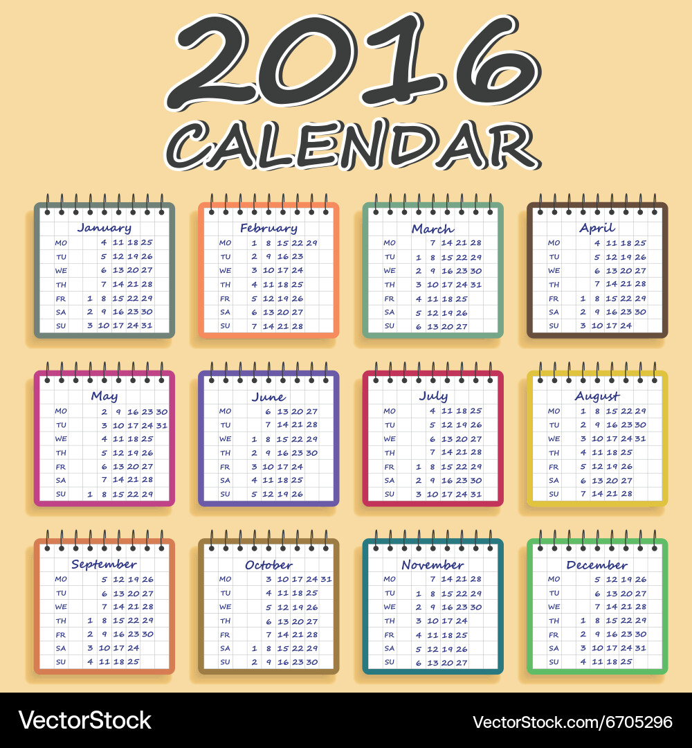 Calendar for 2016 week starts monday Royalty Free Vector