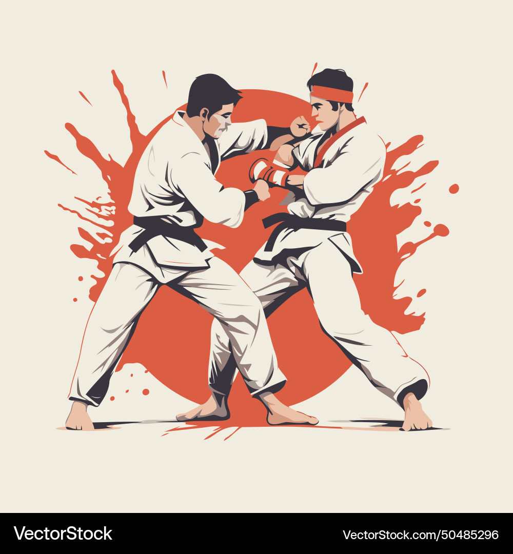 Two karate fighters in kimono fight Royalty Free Vector