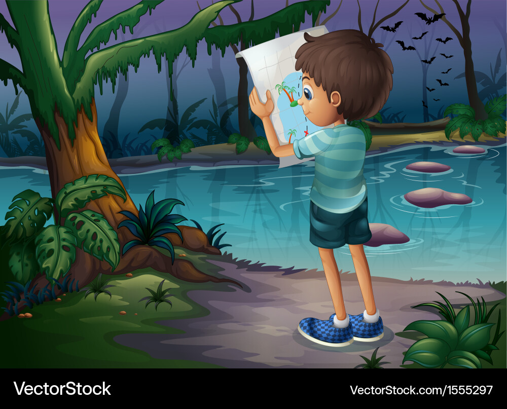 A boy with map standing in the middle Royalty Free Vector