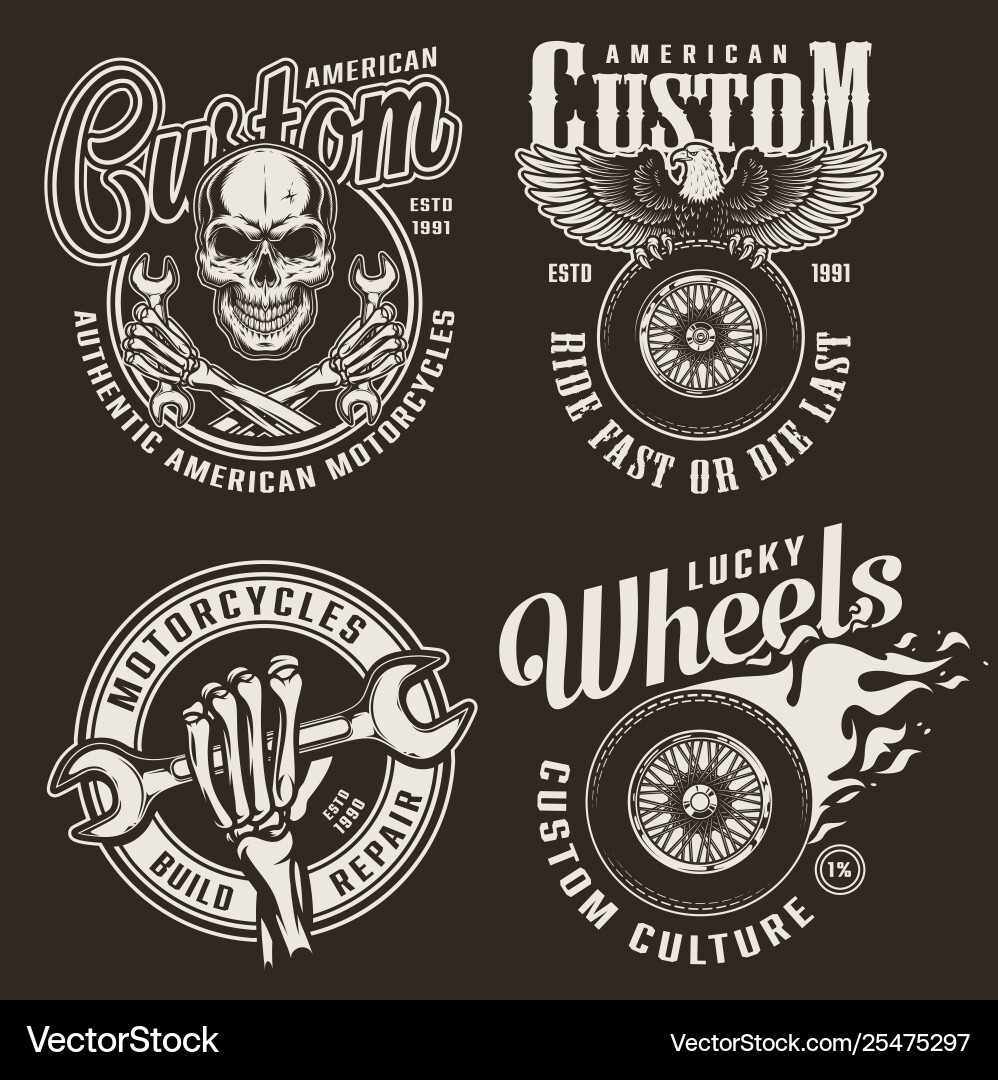 Monochrome custom motorcycle emblems Royalty Free Vector